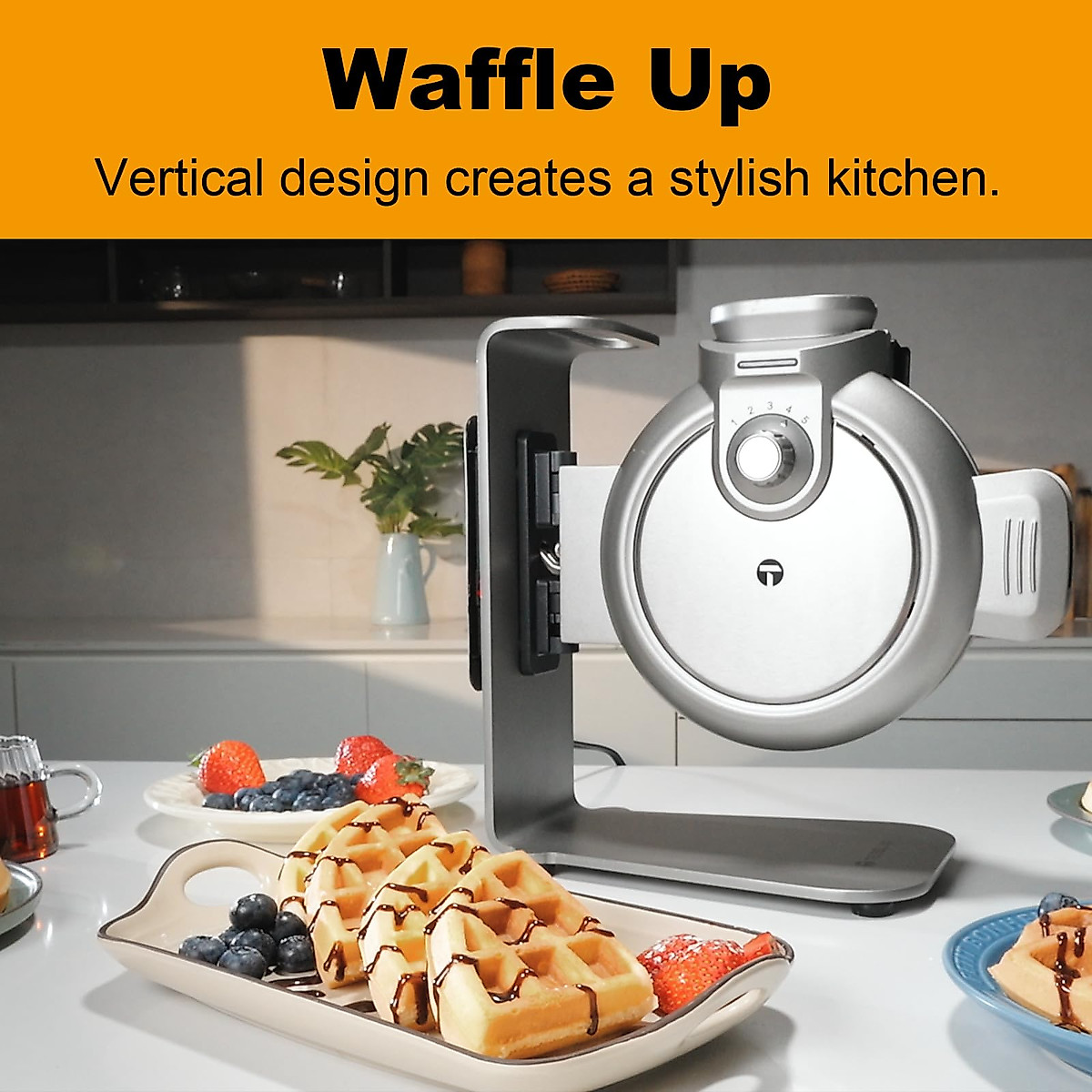 Tesslux Belgian Waffle Maker, Vertical Design with Non-stick Plate, 5 Browning Settings, with Precision-Pour Cup, 800W, Sliver
