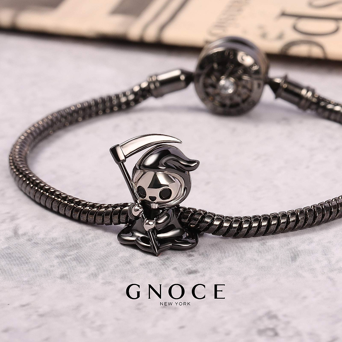 GNOCE Little Ghost Charm Bead Sterling Silver Black Plated Charm Fit Bracelet/Necklace For Women Wife
