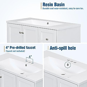 Polibi 36" Modern Bathroom Vanity with USB Charging, Two Doors and Three Drawers Bathroom Storage Vanity Cabinet, Small Bathroom Vanity Cabinet with Single Sink, White, Faucets Not Included