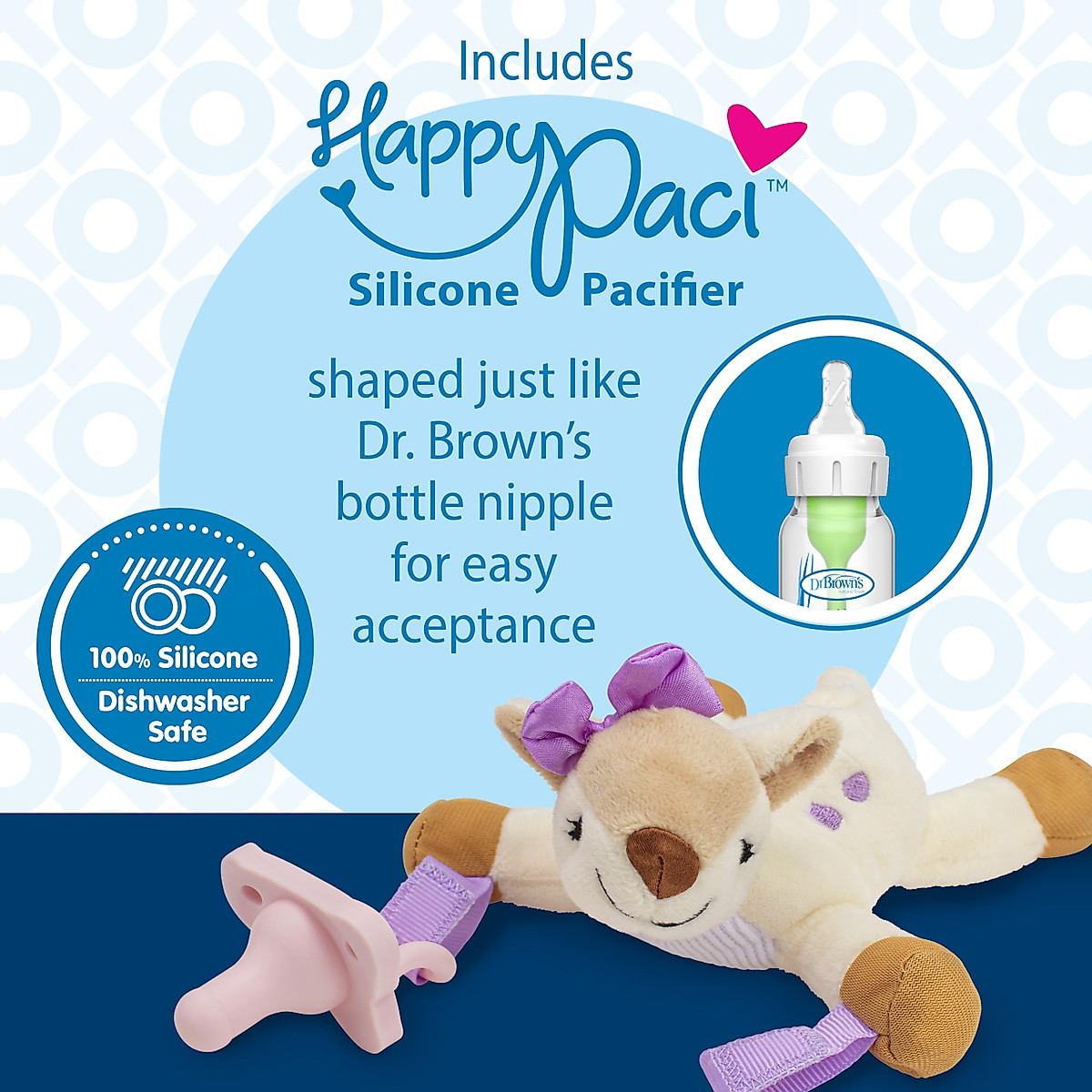 Dr. Brown's Baby Lovey Pacifier and Teether Holder, Deer with Pink HappyPaci, 100% Silicone, 0-6m