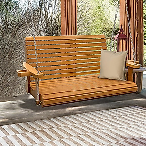Wooden Porch Swing 2-Seater, Bench Swing with Cupholders, Hanging Chains and 7mm Springs, Heavy Duty 880 LBS, for Outdoor Patio Garden (Teak Tone, 4 FT Extra Large)