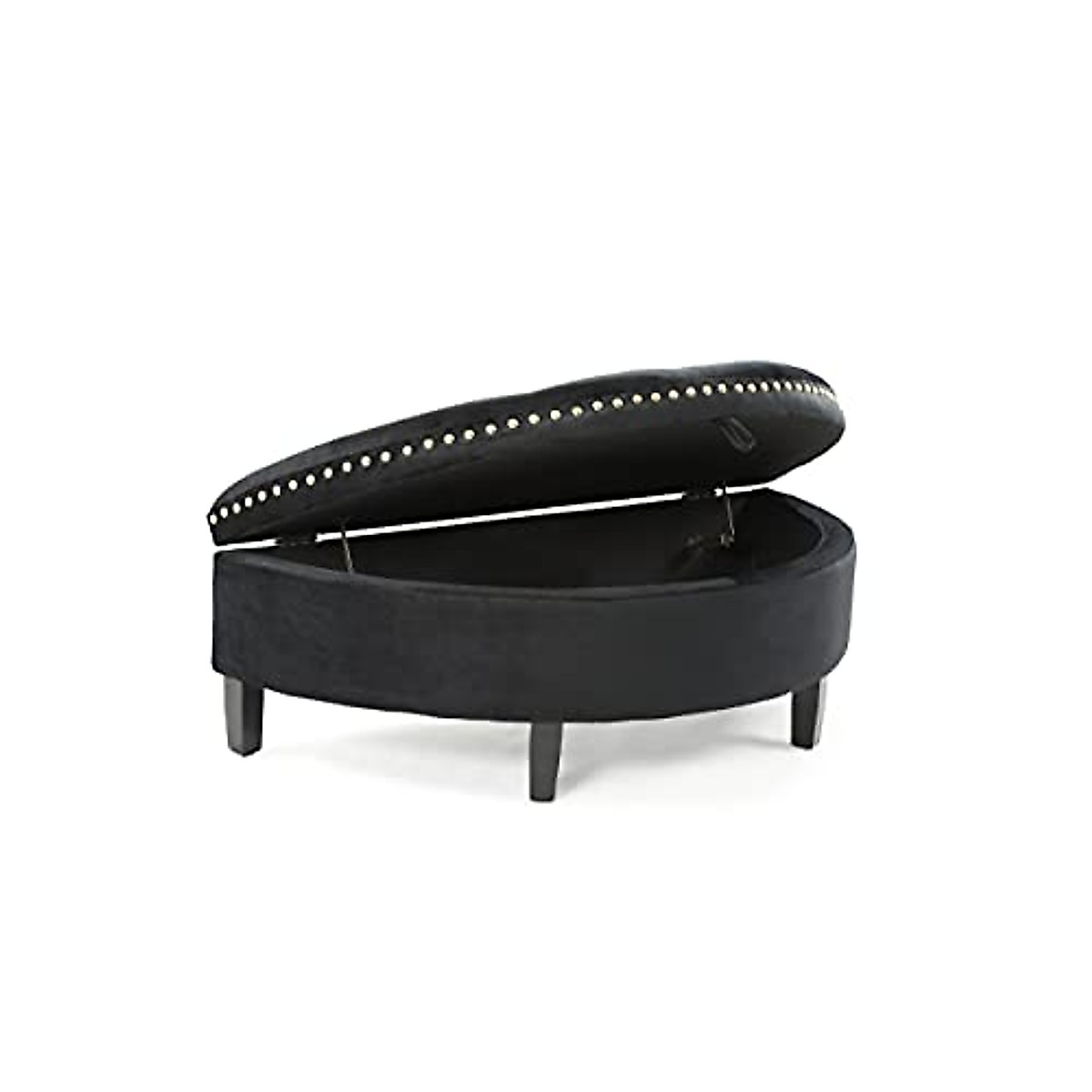 Iconic Home Jacqueline Half Moon Storage Ottoman Button Tufted Velvet Upholstered Gold Nailhead Trim Espresso Finished Wood Legs Bench Modern Transitional Black