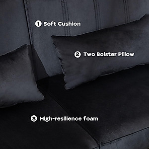 DANNRATCH 2 Pieces Velvet Sofa Set Convertible Sleeper Sofa Tufted Couch Bed with Adjustable Armrests and Backrest, Modern Loveseat Sleeper Bed with 2 Bolster Pillows for Living Room, Bedroom, Black
