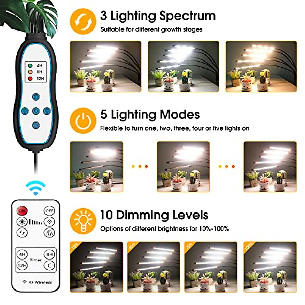 wolezek Grow Light with Stand, [5-Heads] LED Grow Lights for Indoor Plants Full Spectrum, Plant Grow Lamp 3000K 6500K 660nm, 4/8/12H Auto Timer, 12V 3A DC Adapter, Tripod 15-61in