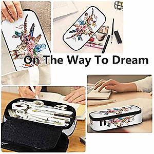 Yekiua Bull's Head Pencil Case Watercolor Fashion Cow Skull Boho Peony Flowers Feathers Big Capacity Pencil Pouch Office College School Makeup Bag For Teens Girls Adults Student Colorful
