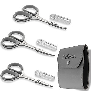 PAFASON Stainless Steel Mustache Beard Facial Nose Hair Trimming Scissor Set with Safety Cover and Leather Pouch Grey
