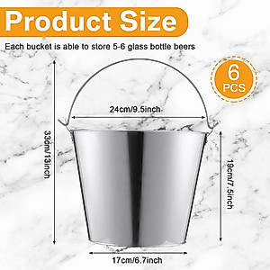 6 Pcs Galvanized Bucket 6.7 x 9.5 x 7.5 Inch Metal 5 L Ice Beer Bucket Silver Tin Large Metal Pail Steel Container with Handle for Wine Champagne Bar Kitchen Indoor Outdoor Holiday Party Supplies