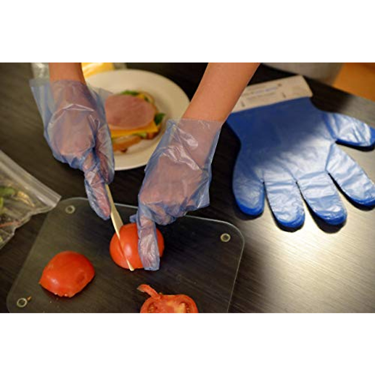 Daxwell Poly Gloves, Easy-Fit Food Prep Gloves, Header Gloves, One Size Fits All, Blue, With Wall Mount, F10003538 (Case of 1,000, 20 Cards of 50)