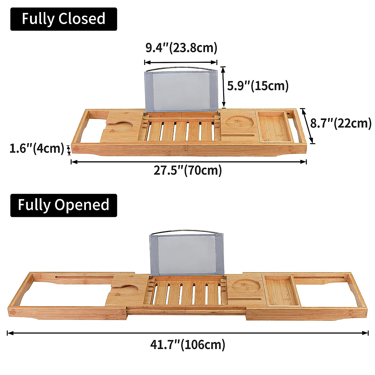 Utoplike Bamboo Bathtub Caddy Tray Bath Tray for Tub, Adjustable Bathroom Bathtub Organizer with Book Tablet Wine Glass Cup Towel Holder