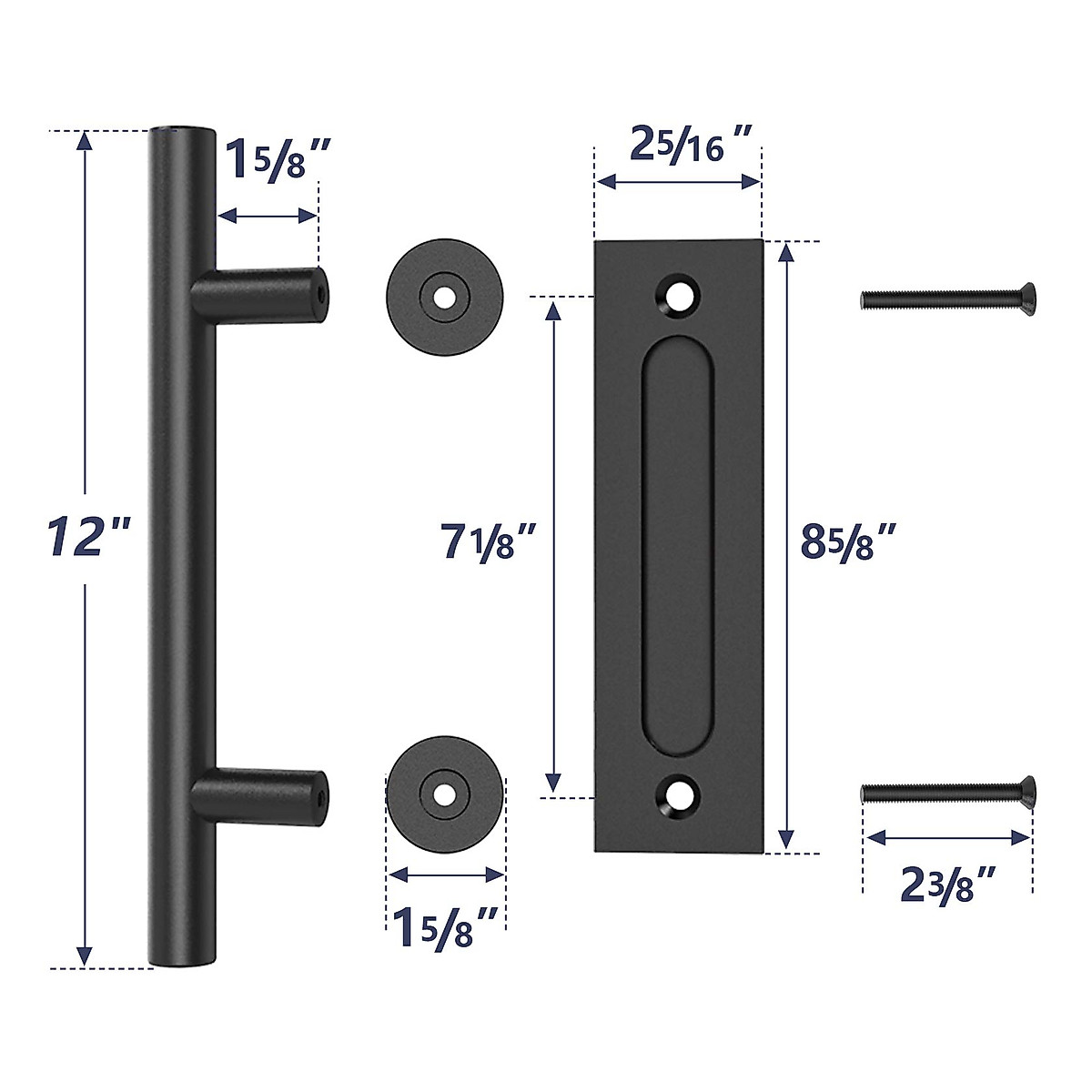 HomLxclx 12" Sliding Barn Door Handle Pull and Flush Hardware Set, Black Powder Coated Finish Round Shape,Heavy Duty Barn Door Handles-Fit 1 3/8-1 3/4" Thickness Door Panel, Easy to Install1