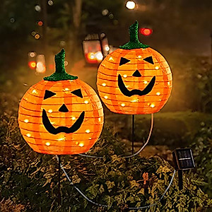 PLTCAT Solar Halloween Pumpkin LED Lights, Set of 2 Pumpkin Stake Lights 2 Modes for Outdoor Halloween Pathway Yard Garden Decoration