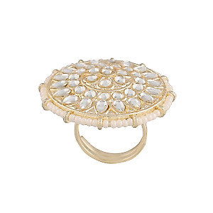 I Jewels Gold Plated Indian Wedding Bollywood White Kundan & Pearl Studded Adjustable Finger Ring for Women (FL209W)