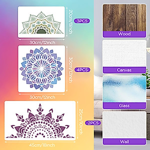 9 Pack Large Mandala Stencils for Painting Reusable Floral Mandala Drawing Stencils Mandala Painting Templates on Wood Floor Wall Tile Furniture Fabric Canvas Wood DIY Craft Art Supplies Home Decor