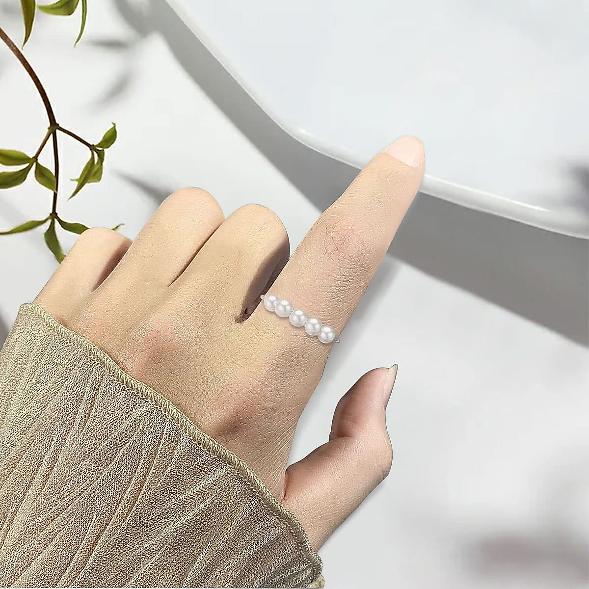 Vito Sterling Silver Fidget Anxiety Ring for Women, Adjustable Open Spinner Ring with Rotatable 5 Pearl Beads, Stacking Pressure Band Ring Jewellery Gift for Stressed Adult Women Men