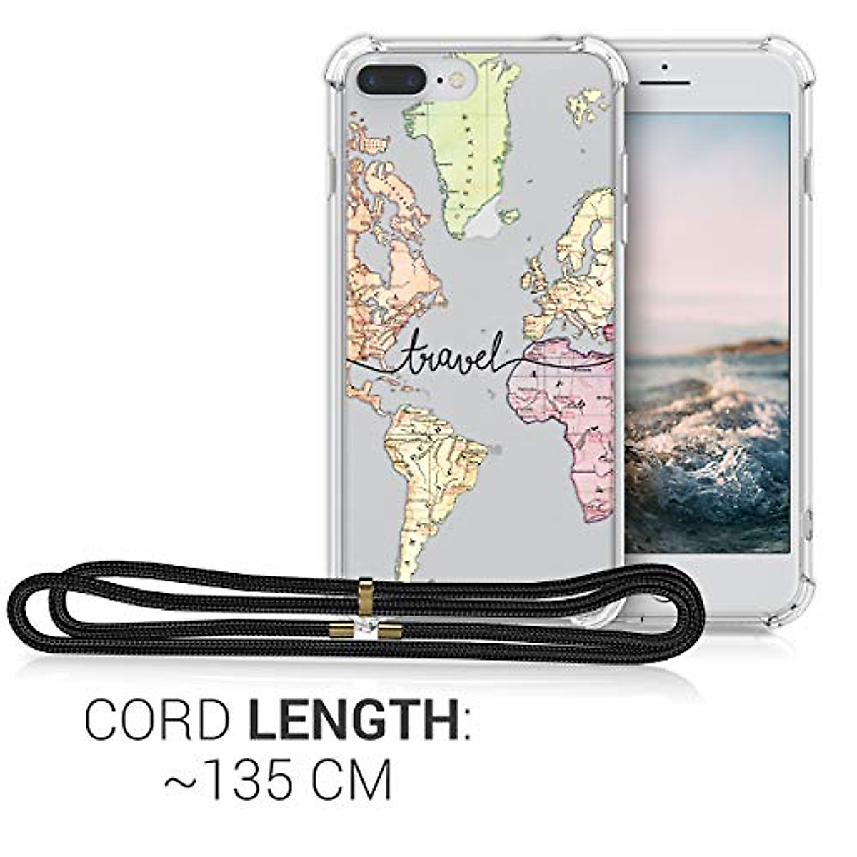 kwmobile Crossbody Case Compatible with Apple iPhone 7 Plus/iPhone 8 Plus Case Strap - Travel Black/Multicolor/Transparent