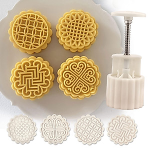 Chinese flower moon cake press mold, hand pressed mooncake dessert DIY, moon cake puff pastry 1 mold with 4 stamps for various holidays, parties (4*Have money to spend(75g))