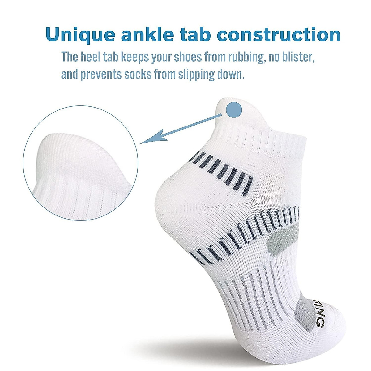 BERING Women's Athletic Running Cushioned Ankle Socks, Size 6-9, White/Grey, 6 Pairs