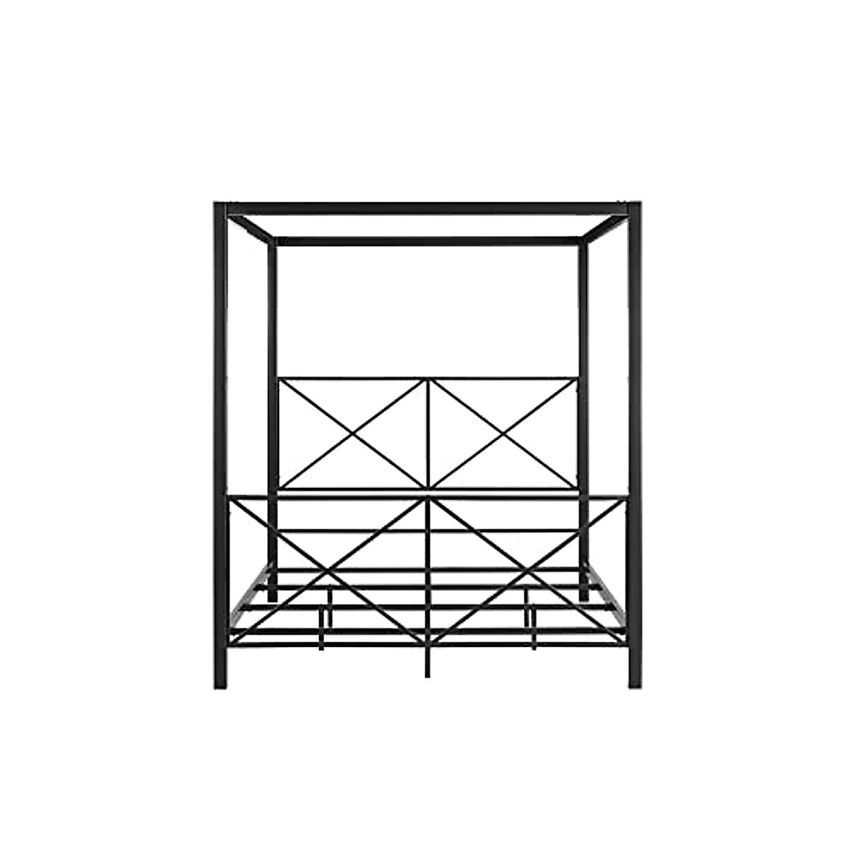 DHP Rosedale Metal Canopy Bed Frame with Four Poster Design and Geometric Accented Headboard and Footboard, Underbed Storage Space, Queen, Black