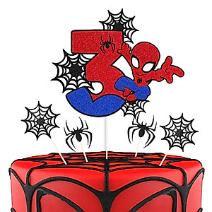 7 Pcs Cake Toppers, Cartoon Heroes Spider Pattern Birthday Cake Toppers, Personalised 3rd Birthday Cake Topper, Double Sided Glitter Cupcake Topper Birthday Party Decorations for Boys Children Kids