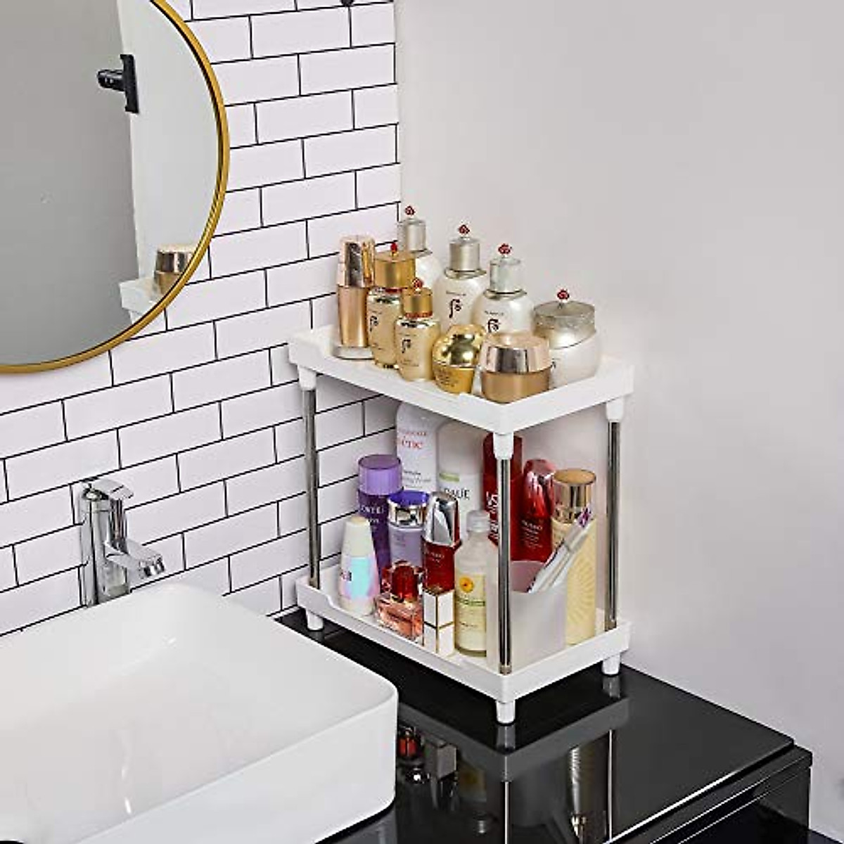 Bathroom Organizer Countertop,2-Tier Vanity Tray Corner Shelf for Makeup Cosmetic Perfume Skincare Bathroom,Multi-Functional Acrylic Organizer in Vanity Dresser