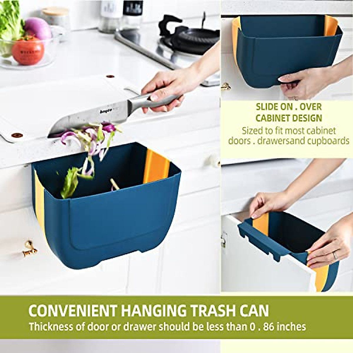 Hsxfl Hanging Trash Can for Kitchen, Mini Foldable Waste Bin Small Collapsible Garbage Can Under Sink, 3L Wall Mounted Folding Trash Bin for Cabinet/Bedroom/Car/Bathroom (White)