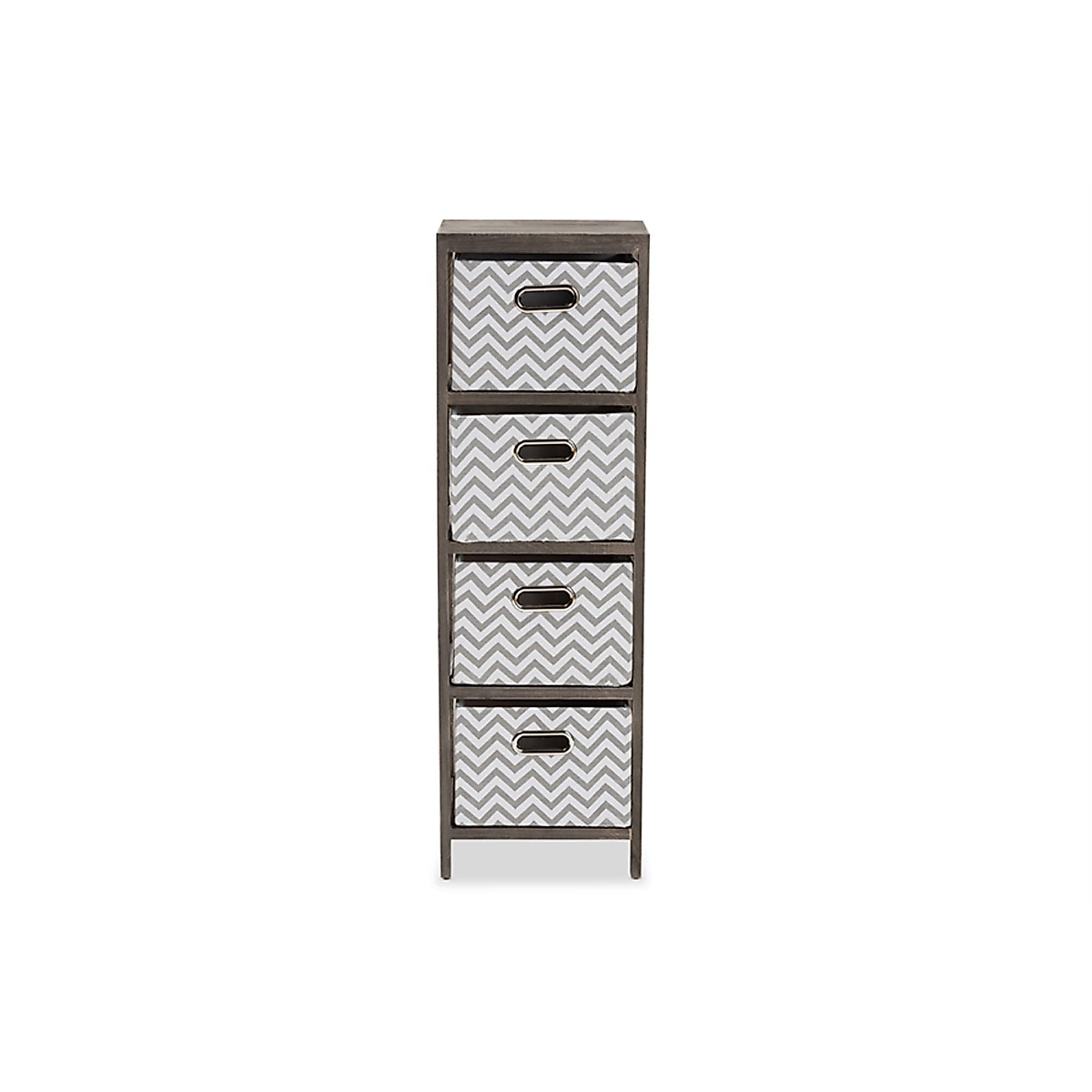 Baxton Studio Jorah Modern and Contemporary Grey and White Fabric Upholstered Greywashed Wood 4-Basket Tallboy Storage Unit