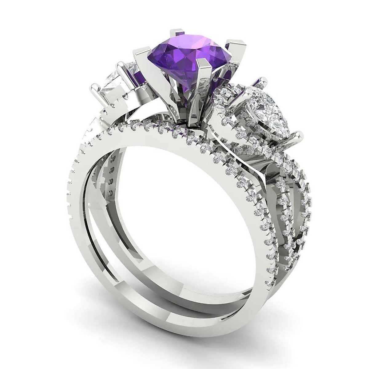 Clara Pucci 2.0ct Round Cut Solitaire 3 stone Natural Amethyst Engagement Promise Anniversary Bridal Ring Band set Real 14k White Gold 4