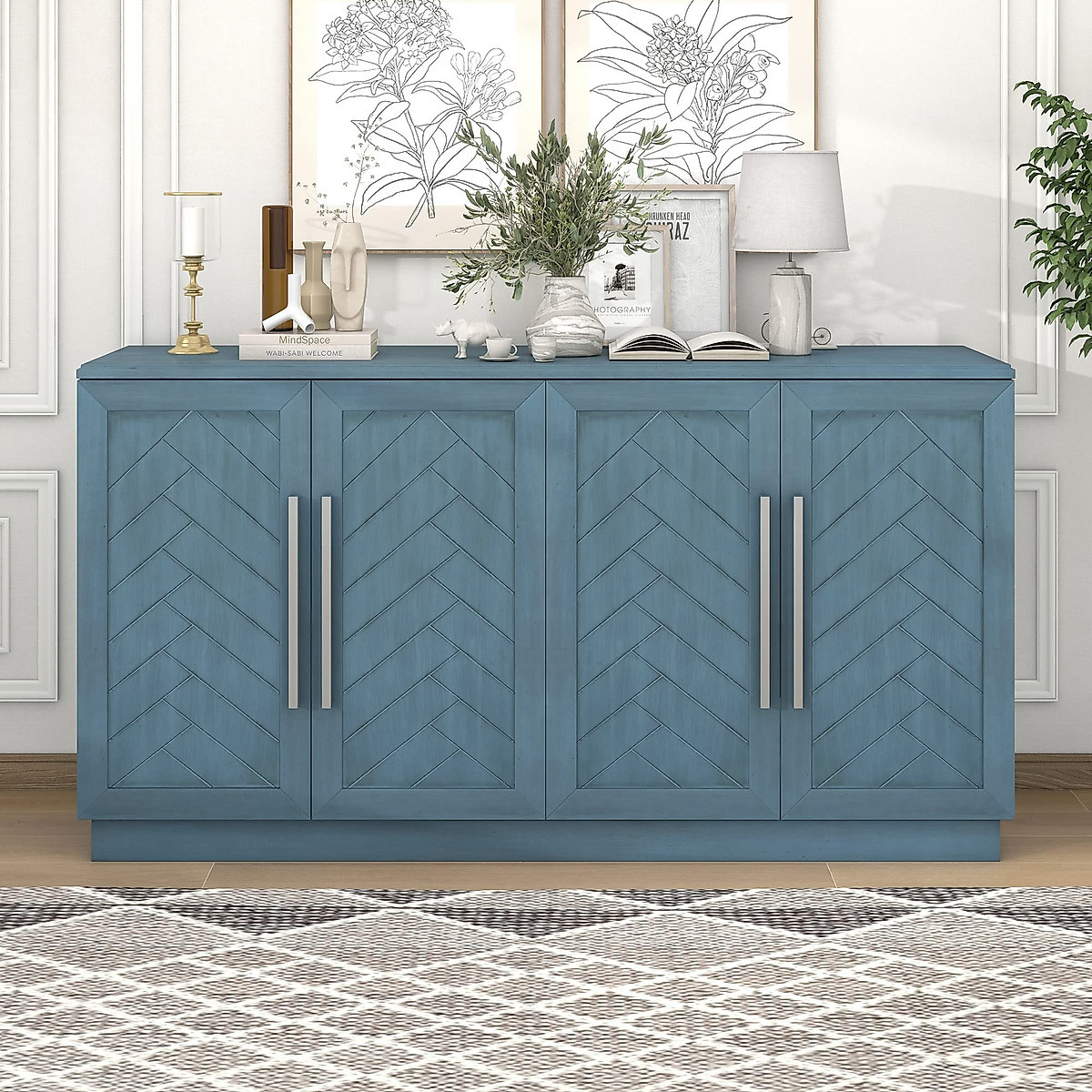 LUMISOL Solid Wood Sideboard Storage Cabinet with Doors for Living Kitchen Room Rustic Sideboard Buffet Cabinet with Adjustable Shelf