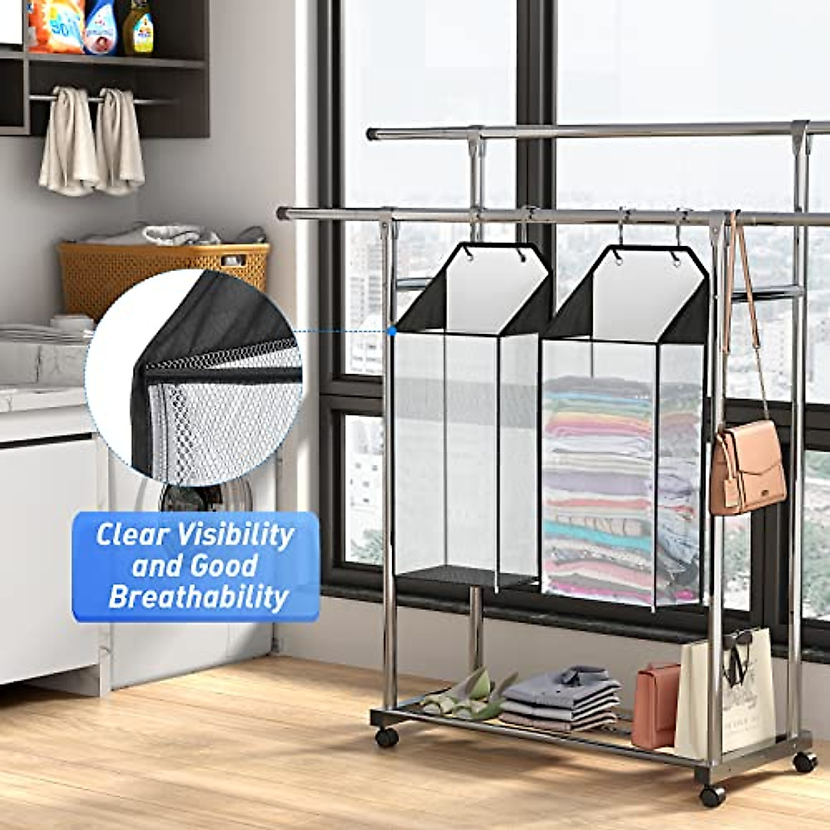 MaxGear Hanging Laundry Hamper, Over the Door Hamper with 2 Kinds of Hooks for Dirty Clothes Organizer, Mesh Wall Hanging Laundry Basket with Zipper for Bathroom, Wardrobe, Dormitory (Black-2 Pack)