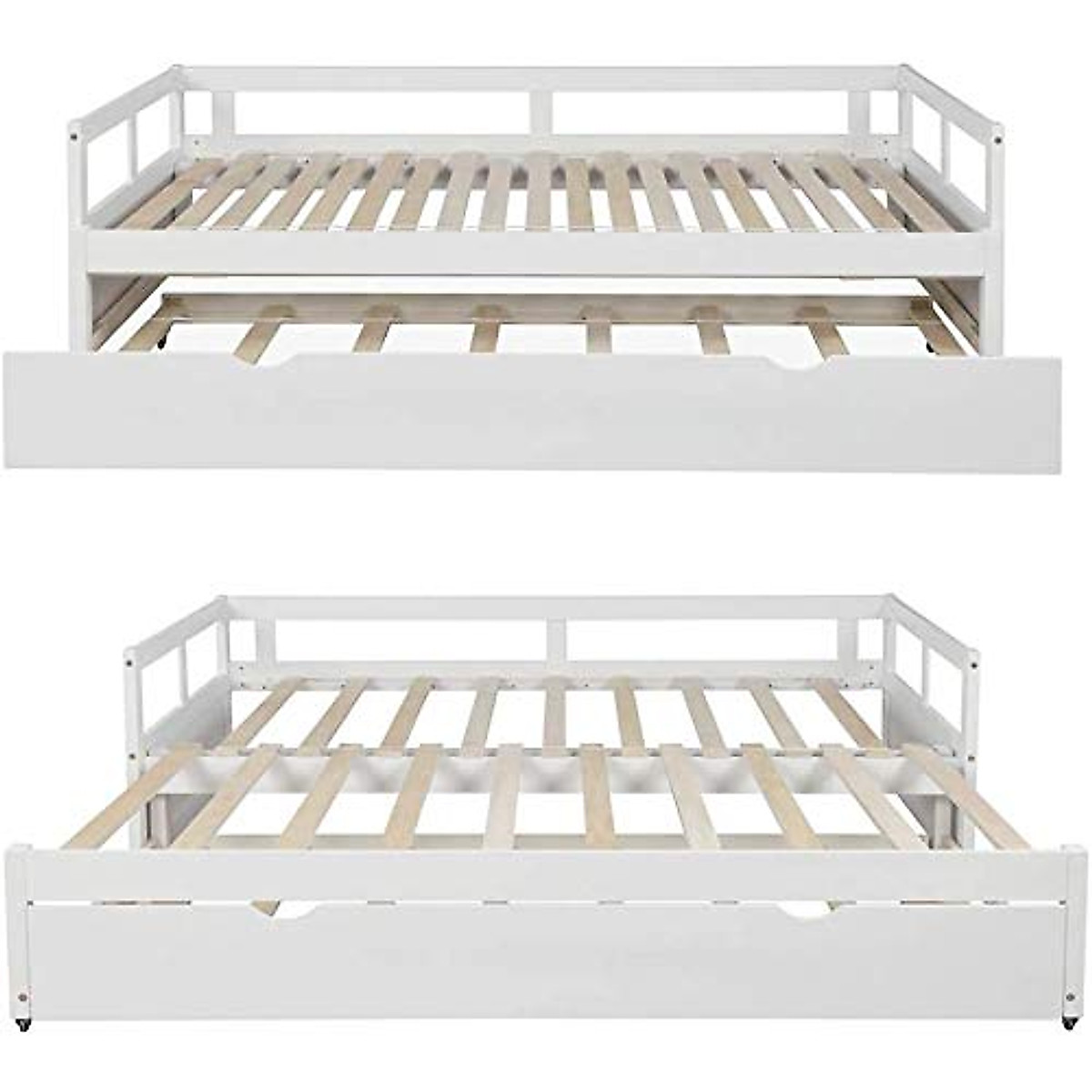 MERITLINE Daybed with Trundle,Twin to King Trundle Bed Extendable Design, Wooden Daybed/Sofa Bed for Bedroom Living Room,No Box Spring Needed,White