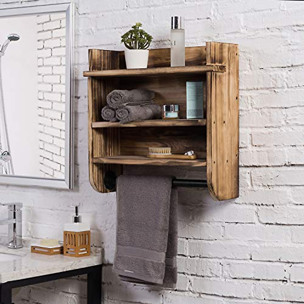 MyGift Wall Mounted Rustic Brown Wood 3-Tier Bathroom Shelf Organizer Rack with 20 Inch Industrial Metal Hand Towel Bar