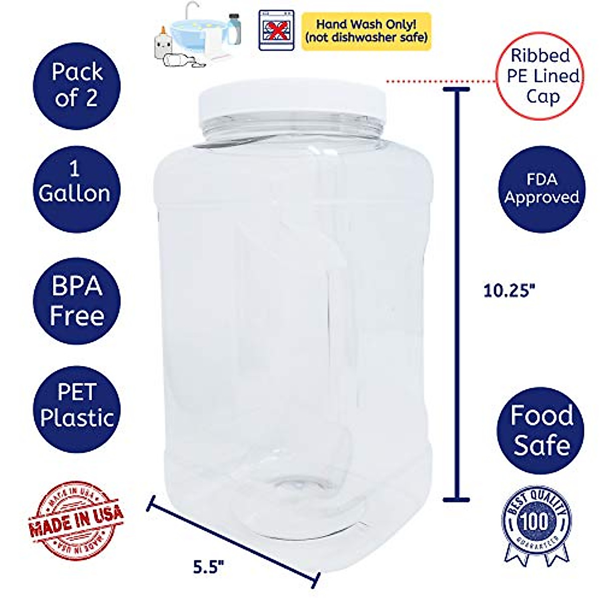 Kelkaa 1 Gallon Clear PET Plastic Square Wide Mouth Jars with Grip Handle and White Ribbed Lined Caps, BPA Free, Multi-Use Containers, Household Dried Food Canisters, Made in the USA (Pack of 2)