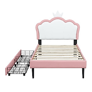 SOFTSEA Twin Size Princess Bed with Storage Drawers, Faux Leather Platform Bed with Crown Headboard for Kids Girls, No Box Spring Needed, Pink