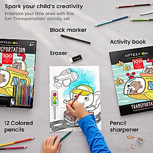 ARTEZA Kids Coloring Book and Colored Pencils Set, Transportation Illustrations, 50 Double-Sided Sheets, 100lb Paper