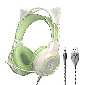 Gaming Headset with Removable Cat Ears, 3.5mm Wired Headphones with Adjustable Microphone, Extendable Padded headband, Noise Cancelling and RGB Light Headphones for Xbox/PS4/Switch/Mac/Phone (Green)