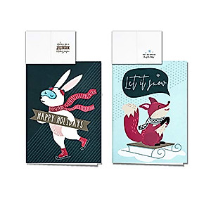 HERZOME 48 Pack Christmas Winter Holiday Greeting Cards With Envelopes and Stickers, 8 Pattern Woodland Animals Holiday Xmas Cards