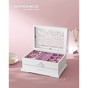 SONGMICS Jewelry Box, 2-Tier Jewelry Organizer with Flower Carvings, Drawer, Gift for Loved Ones, Kids, Jewelry Storage Case for Rings, Earrings, Necklaces, Bracelets, White UJOW201