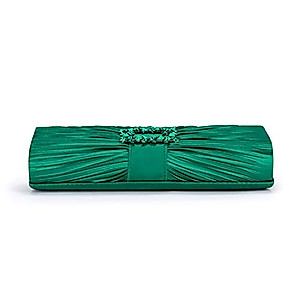 Mulian LilY M366 Women Pleated Satin Rhinestone Brooch Evening Bags Prom Clutch Purse With Detachable Chain Strap Green