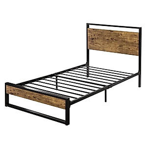 SHA CERLIN Twin Bed Frame with Wooden Headboard, Heavy Duty Metal Platform Bed, Single Platform Bed for Kids, No Box Spring Needed, Easy Assembly, Rustic Brown
