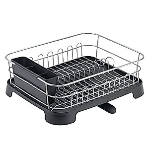 mDesign Alloy Steel Sink Dish Drying Rack Holder w/Plastic Swivel Spout Drainboard Tray - Dish Rack/Dish Drainer Storage Organizer for Kitchen Counter - Holds Plates, Concerto Collection, Silver/Black
