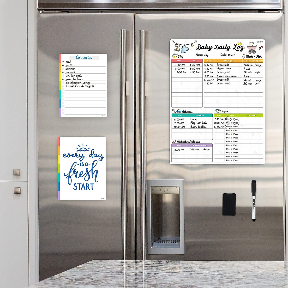 Newborn Baby or Toddler Log Tracker Whiteboard - Reusable Daily Planner Chart to Log Feeding Food, Sleep&Naps, Diaper Change and Daily Activities - for New Parents,Nanny, Babysitter