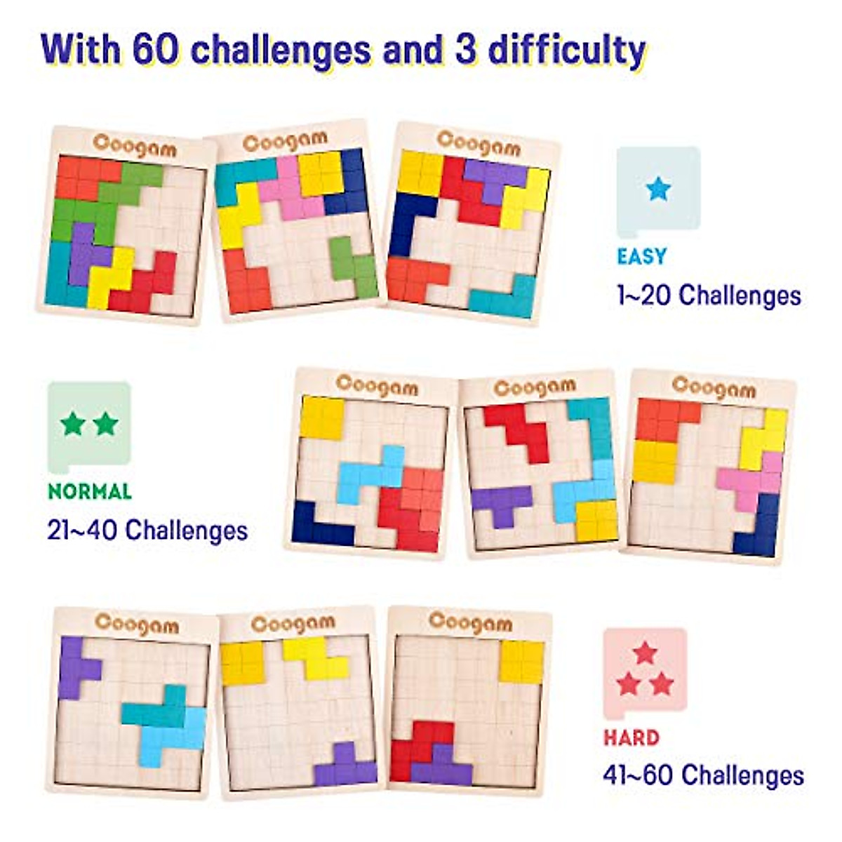 Coogam Wooden Puzzle Pattern Blocks Brain Teasers Game with 60 Challenges, 3D Russian Building Toy Wood Tangram Shape Jigsaw Puzzles Montessori STEM Educational Toys Gift for Kids Adults