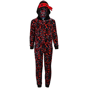 ONLY BOYS’ Fleece Hooded One Piece Pajama Costume - Sharks Dino Cyclopes Sloth (6-14), Size 12-14, Red/Black Camo Ninja
