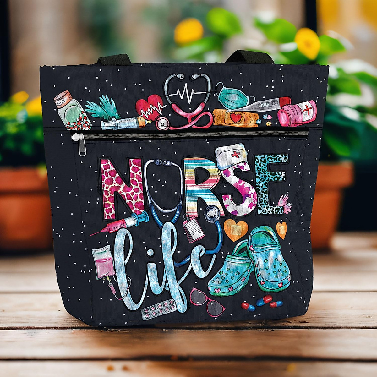84hoods Aesthetic Tote Bag for Women and Girls. Cute Graphic Nurse Life Tools Large Shoulder Bag 15 inch with Pockets and Zipper for Work. Waterproof Grocery Bag. Gift for Nurse.