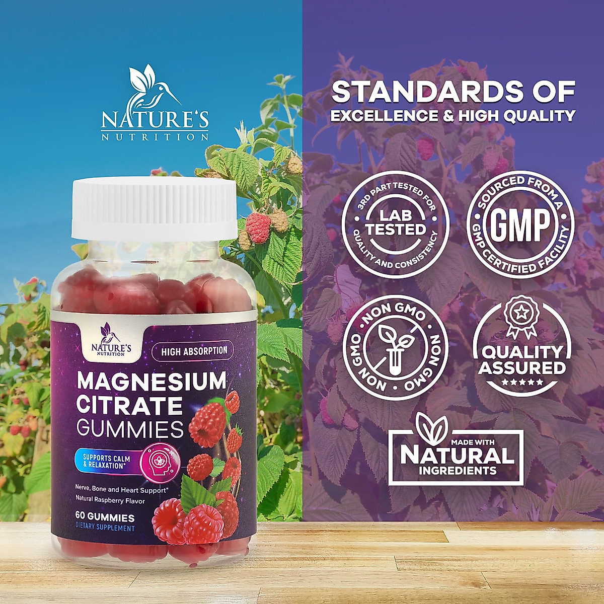 Magnesium Supplement Gummy - High Absorption Magnesium Citrate Supplement for Adults & Kids - Nature's Calm Magnesio Gummies Dietary Supplements for Bone, Muscle Health, Heart Support - 60 Gummies