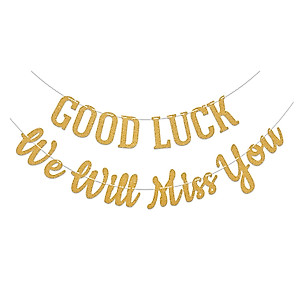 Good Luck We Will Miss You Banner - Retirement Party Decorations, Graduation Going Away Party Decor, Farewell Party Decorations, Office Work Party Supply Gold Glitter