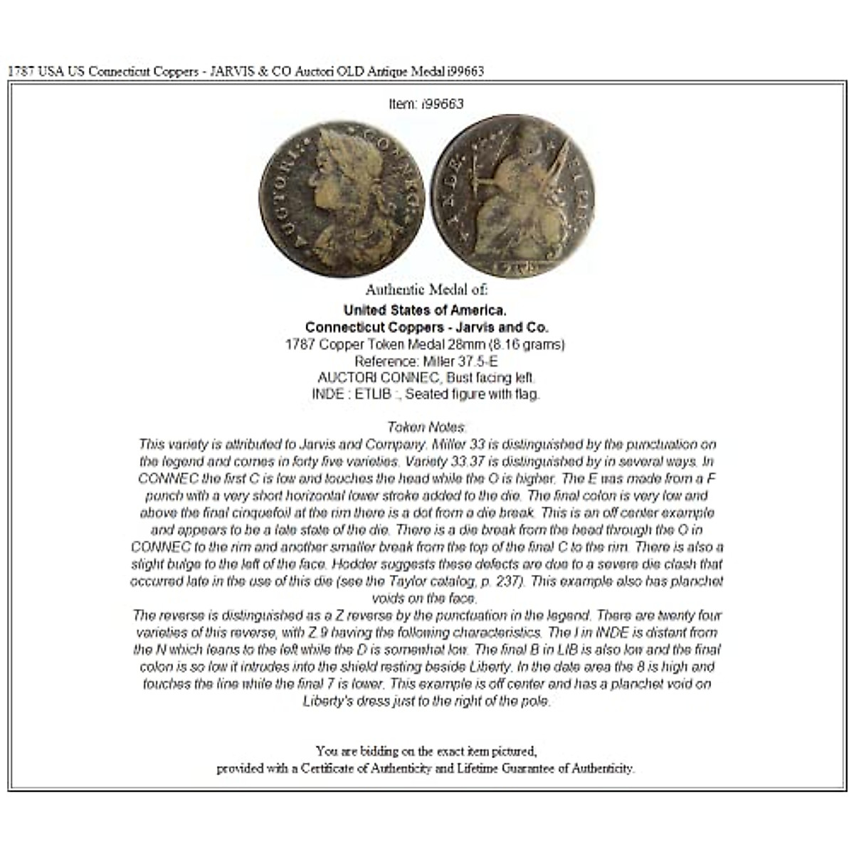 1787 1787 USA US Connecticut Coppers - JARVIS & CO Auc coin Good