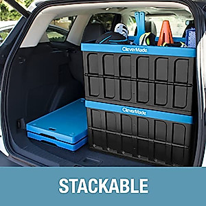 CleverMade 62L Collapsible Storage Bins with Lids - Folding Plastic Stackable Utility Crates, Solid Wall CleverCrates, 3 Pack, Neptune Blue