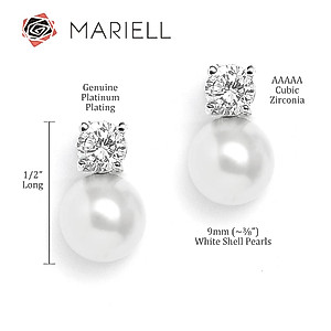 Mariell White Pearl Bridal Earrings with Cubic Zirconia Crystal Top, 9mm White Pearl Stud Earring, Perfect for Brides, Bridesmaids, Wedding Party and Everyday Wear