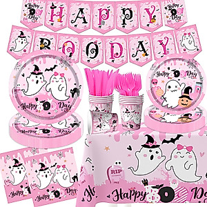 142Pcs Halloween Party Tableware Decorations Happy Boo Day Tableware Set Pink Halloween Ghost Party Supplies Halloween Birthday Tableware Plates Napkins Cups Banner for Kids …